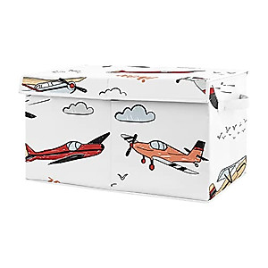 Sweet Jojo Designs Vintage Airplane Boy Small Fabric Toy Bin Storage Box Chest For Baby Nursery Kids Room - Grey Yellow Orange Red White Blue Airplanes Air Plane Transportation Clouds Sun Sky Aviator