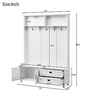 Bellemave Modern Wide Hall Tree with Bench, Shoe Storage, and 2 Large Drawers, White