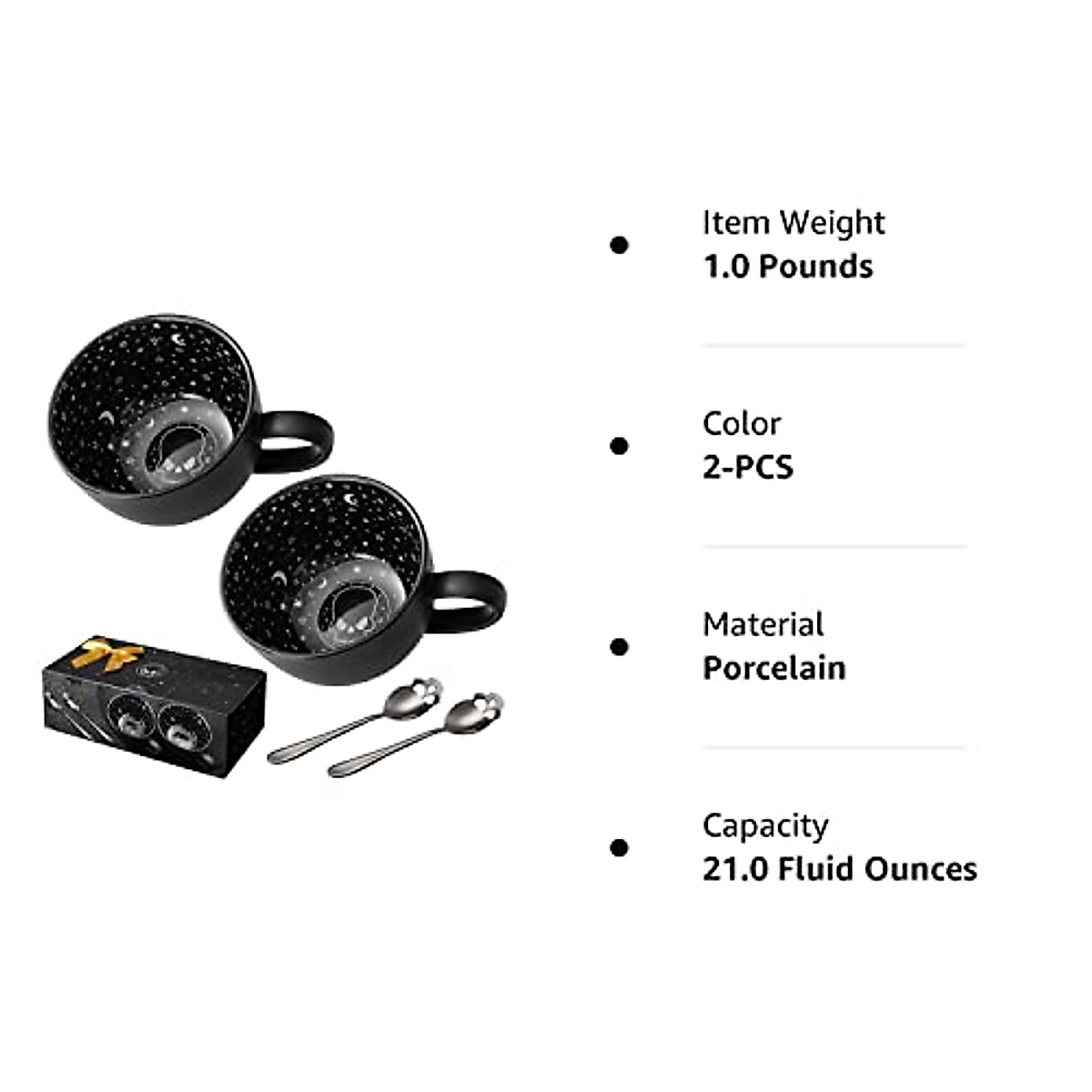 CALATOUR Set Of 2 Midnight Skull Coffee Large Mugs With Skull Spoons In Gift Box,Cute Halloween Spooky Witch Gifts Goth Decor Cool Novelty Tea Cups,21oz/620ml Porcelain(Midnight Black)