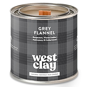 WEST Clay Grey Flannel Scented Candle, 8 oz Metal Tin, Crackling Wood Wick, Coconut Wax, Amber Mahogany