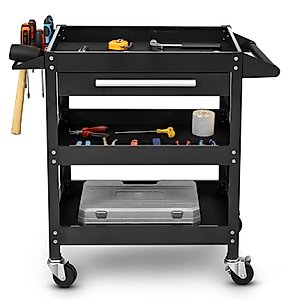 Happytools 3 Tier Tool Cart on Wheels, Heavy Duty Industrial Utility Service Cart with Drawer, Rolling Mechanic Tool Box Organizer for Garage Warehouse Workshop Repair Shop, 330 LBS Capacity (Black)