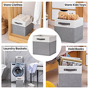 DULLEMELO 11x11 Cube Storage Bins Fabric Cubby Baskets, Foldable 11 x 11 storage cubes for Organizing Toys Books Towels Clothes, Cube Storage Organizer Bins for Shelves Closet Home Office, White&Grey