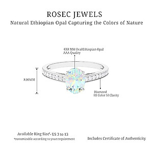 Certified Natural Opal 6X8mm Oval Shape Engagement Ring with Diamond, AAA Quality - With Jewelry Box, 14K White Gold, Size:US 6.00