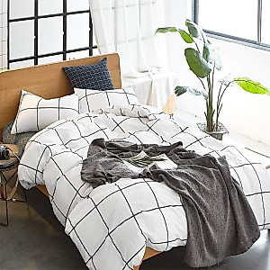 Wellboo White Plaid Duvet Cover Set Queen Size Black and White Grid Bedding Cover Cotton Modern Large Plaid Checkered Quilt Covers Soft Durable Buffalo Plaid Geometric Duvet Covers Breathable 3 Pieces