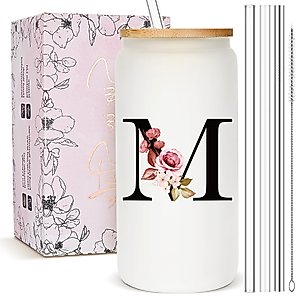 Personalized Gifts for Women, Monogrammed Frosted Glass Tumbler with Straw and Lid, Cute Customized Mug, Custom Initial Iced Coffee Glasses, Customizable Drinking Cup, Birthday Teacher Woman, M