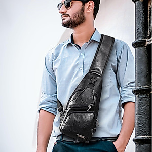 Seoky Rop Men's Leather Sling Bag Chest Crossbody Shoulder Bag with USB Charging Port Black