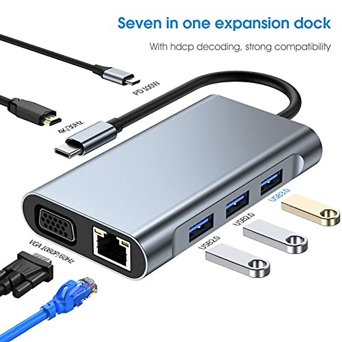 Yirepny USB C Hub, 7 in 1 Multiport Adapter with 4K Output 3 USB 3.0 Ports 100W Pd Charging TF/SD Card Reader USB C to 4K USB C to RJ45 Ethernetr USB C Adapter Silver