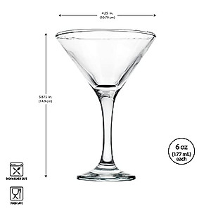 Glaver's Martini Glasses Set of 4 Cocktail Glasses, 6 Ounce Strong Lead-Free Glass, Stemmed Margarita, Martini Glasses, For Bar, Martini, Gimlet, Bar, Wine And More Dishwasher Safe