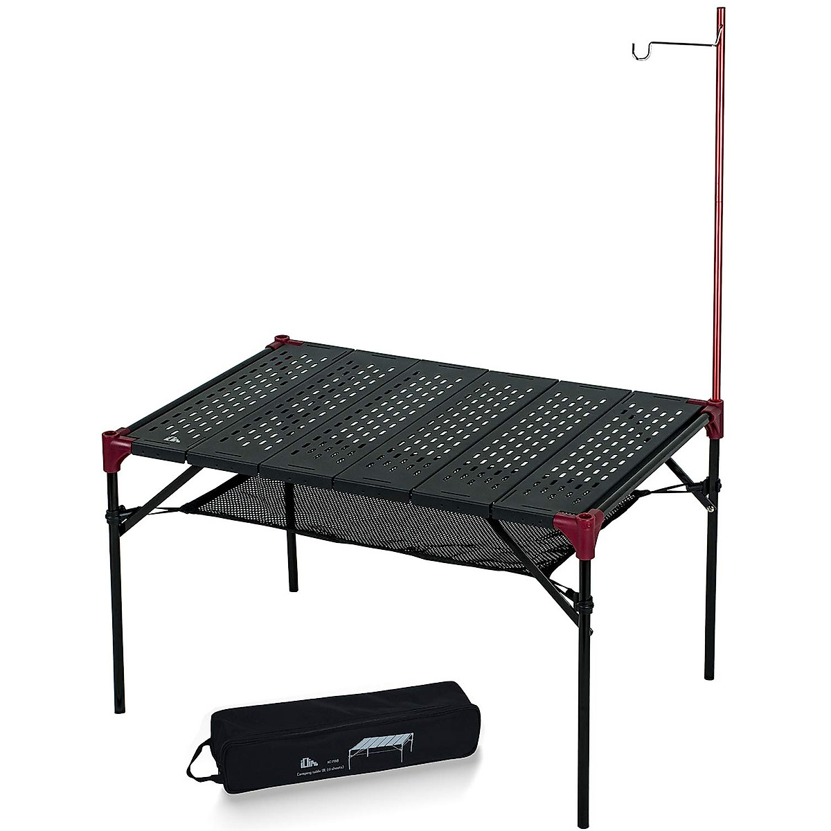 iClimb Extendable Folding Table Large Tabletop Area Ultralight Compact with Hollow Out Tabletop for Camping Backpacking Beach Concert BBQ Party, Three Size (Black - XL + Hanger)