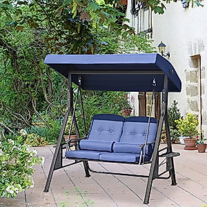 Outsunny 2 Seater Swing Chair, Garden Loveseat Swing Bench with Adjustable Canopy, Soft Cushions, Throw Pillows and Tray for Patio, Yard, Dark Blue