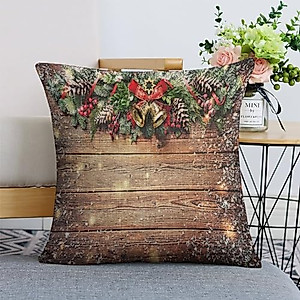 Christmas Bells Fir Tree Throw Pillow Covers 18×18 Pillowcases Set of 2 Dark Wooden Board Linen Decorative Square Pillow Case Cushion Covers Standard Size for Sofa Couch Outdoor Bed Pillow Protectors