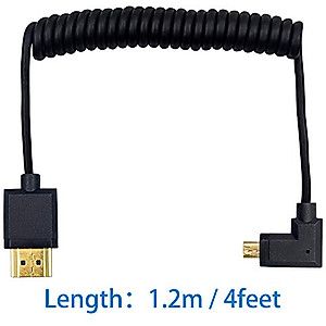 Duttek Micro HDMI to Standard HDMI Cable, Micro HDMI to HDMI Coiled Cable, Extreme Slim Left Angled Micro HDMI Male to HDMI Male Coiled Cable for 1080P, 4K, Ultra HD, 3D (1.2M/4FT)
