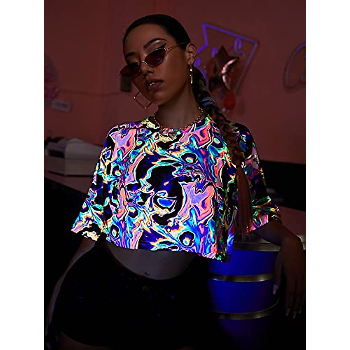 Floerns Women's Casual Reflective Short Sleeve Round Neck Crop Tops T Shirts Multi XXL