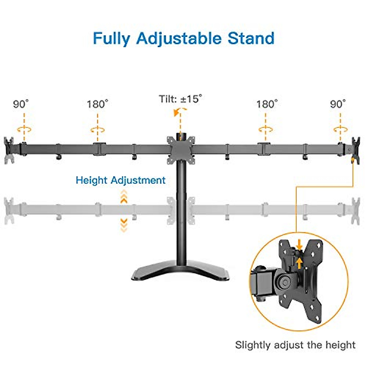 HUANUO Triple Monitor Stand, Free Standing Three Monitor Desk Mount for Screens Up to 24 inch, Heavy-Duty Fully Adjustable Monitor Arm, Holds Up to 22lbs Each, VESA 75x75 or 100x100