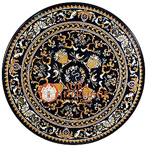 Black 49" Marble Dining Round Table Top Pietra Dura Italian Inlay Hallway Furniture Decor