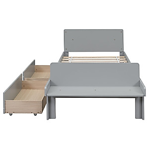 Twin Bed Frame, Wood Platform Bed with Storage, Twin Size Bed Frames with Wood Slat Support for Kids, No Box Spring Needed, Gray