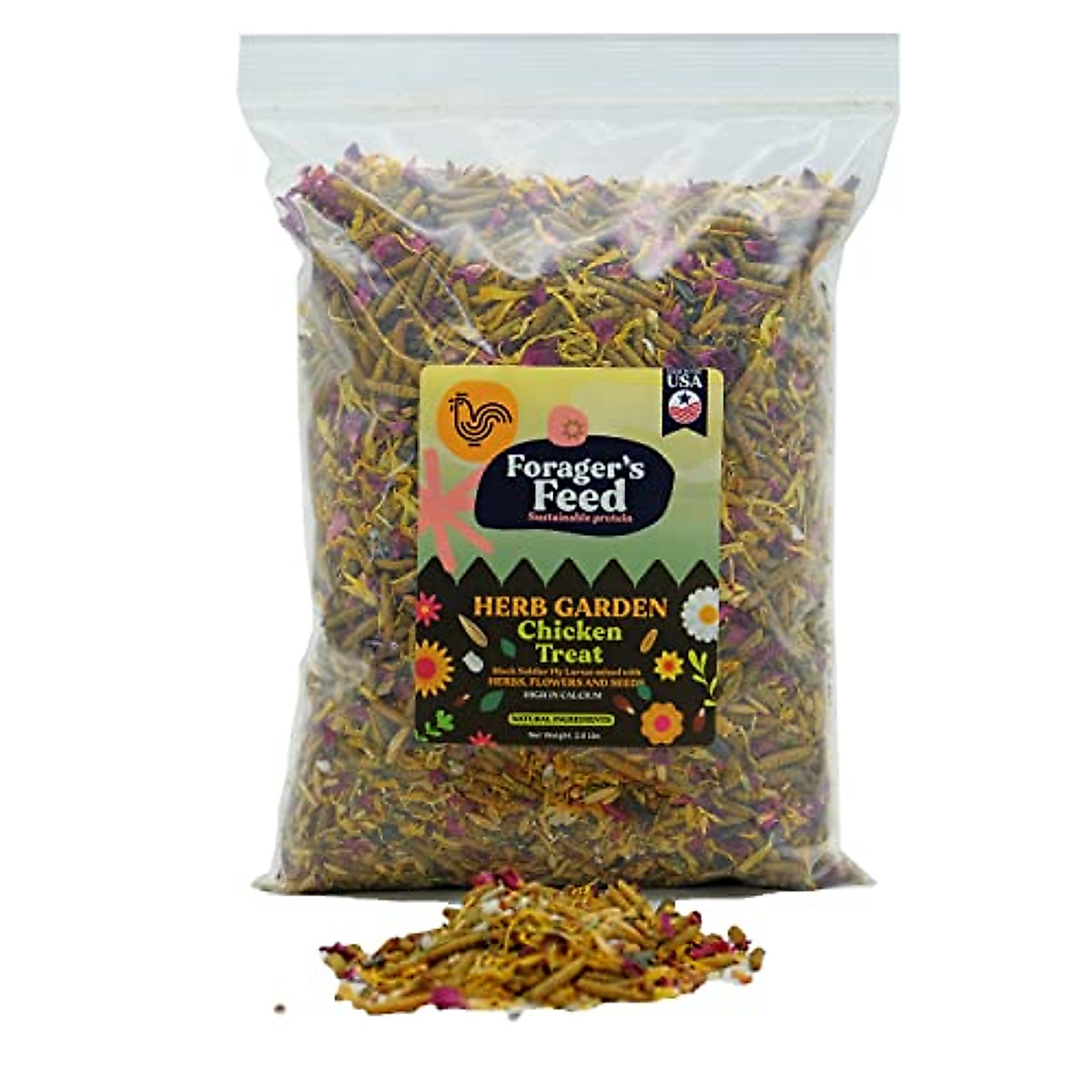 Forager's Feed Black Soldier Fly Larvae - Chicken Treat with Calming Flowers for Chicken and Livestock, 2 Lbs. Resealable Bag