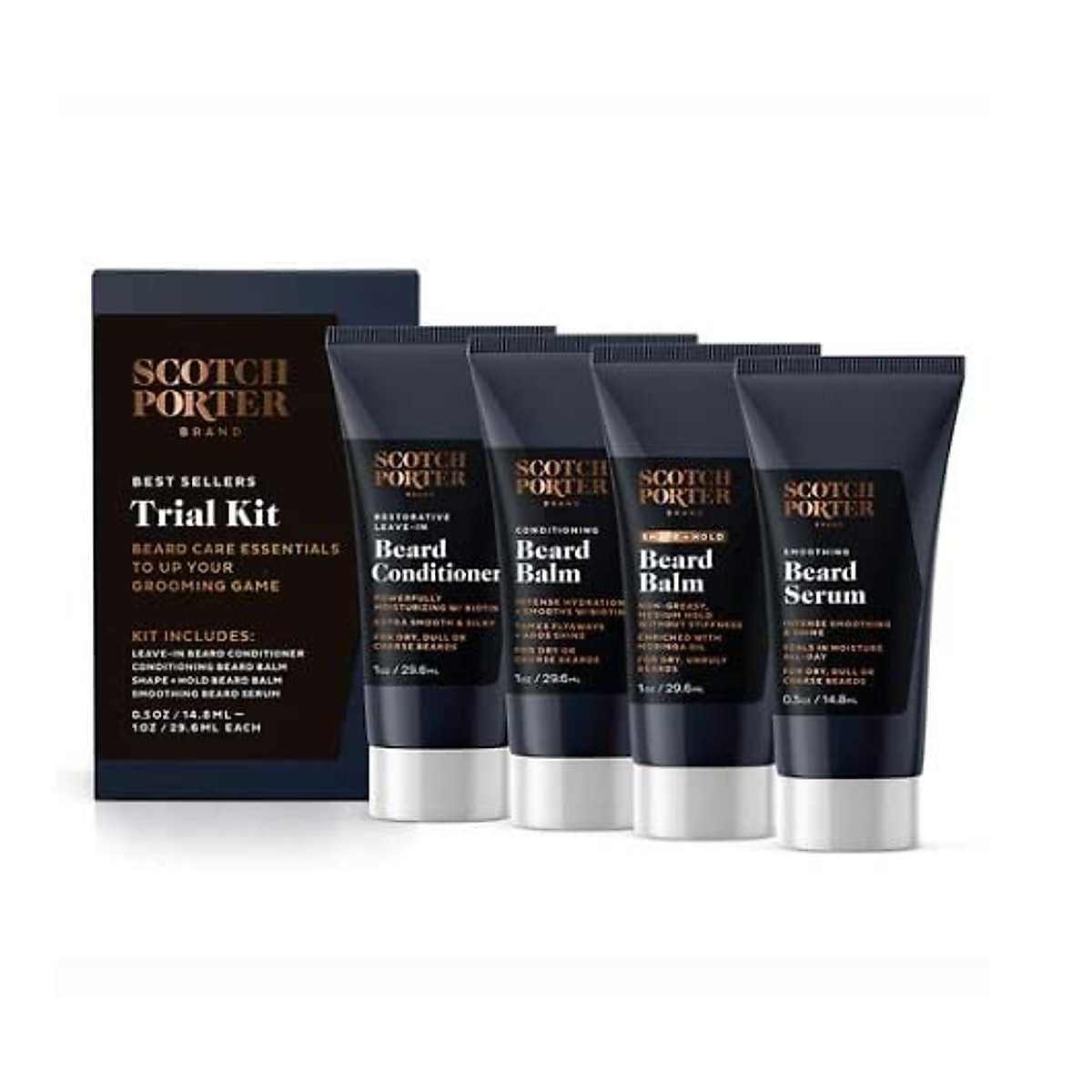 Scotch Porter 4-Piece Beard Trial Kit | Includes Conditioner, Conditioning Balm, Shape + Hold Balm and Serum | 4 1oz Tubes | Formulated for Men with Non-Toxic Ingredients, Free of Parabens, Sulfates & Silicones | Vegan