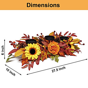 Fall Centerpiece Table Decorations, 27.5'' L Assorted Artificial Peony, Sunflowers, Berries, Autumn Leaves, Pine Cones, Harvest Table Candle Holder for Dinning Table, Fireplace (Candle Not Included)