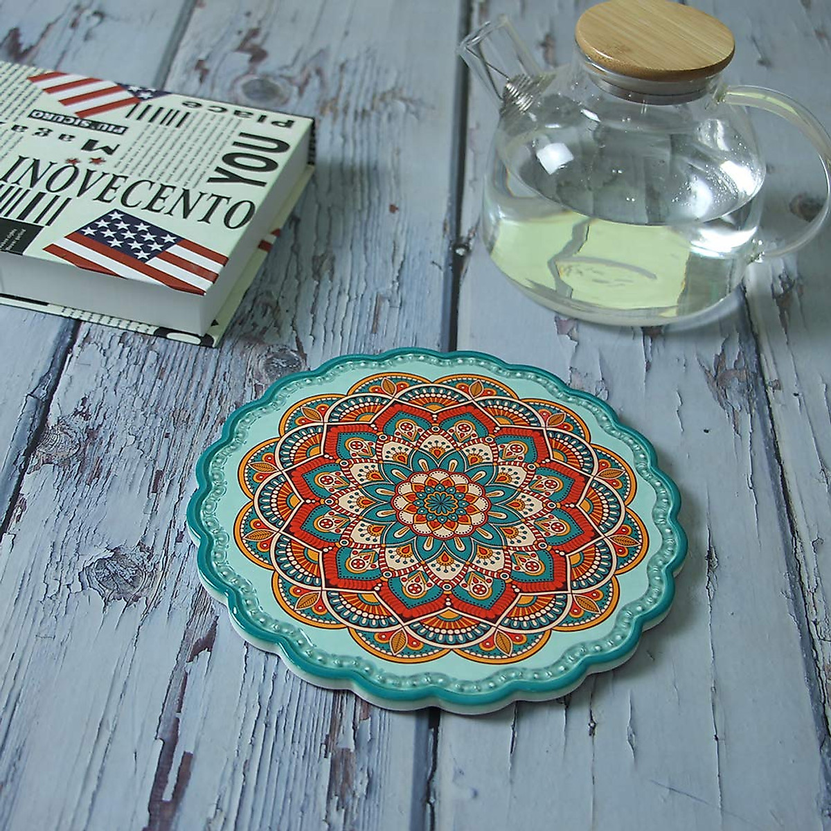 Arly Ceramic Tile Green Trivet for Hot Dishes, Art Waterproof Insulation Pads with Bohemia Style,Round 7.7 Inch