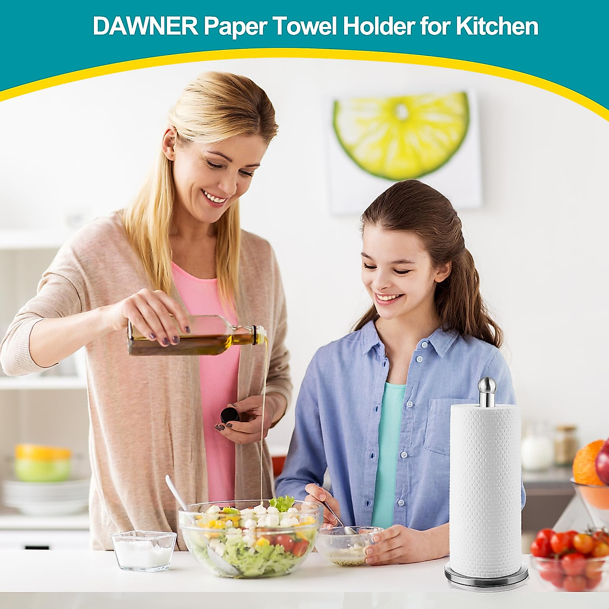 DAWNER Countertop Stainless Steel Paper Towel Holder Modern Stand Up, Easy One-Handed Tear Kitchen Paper Towel Dispenser with Heavy Base for Standard Paper Towel Rolls, Decorative Brushed Nickel