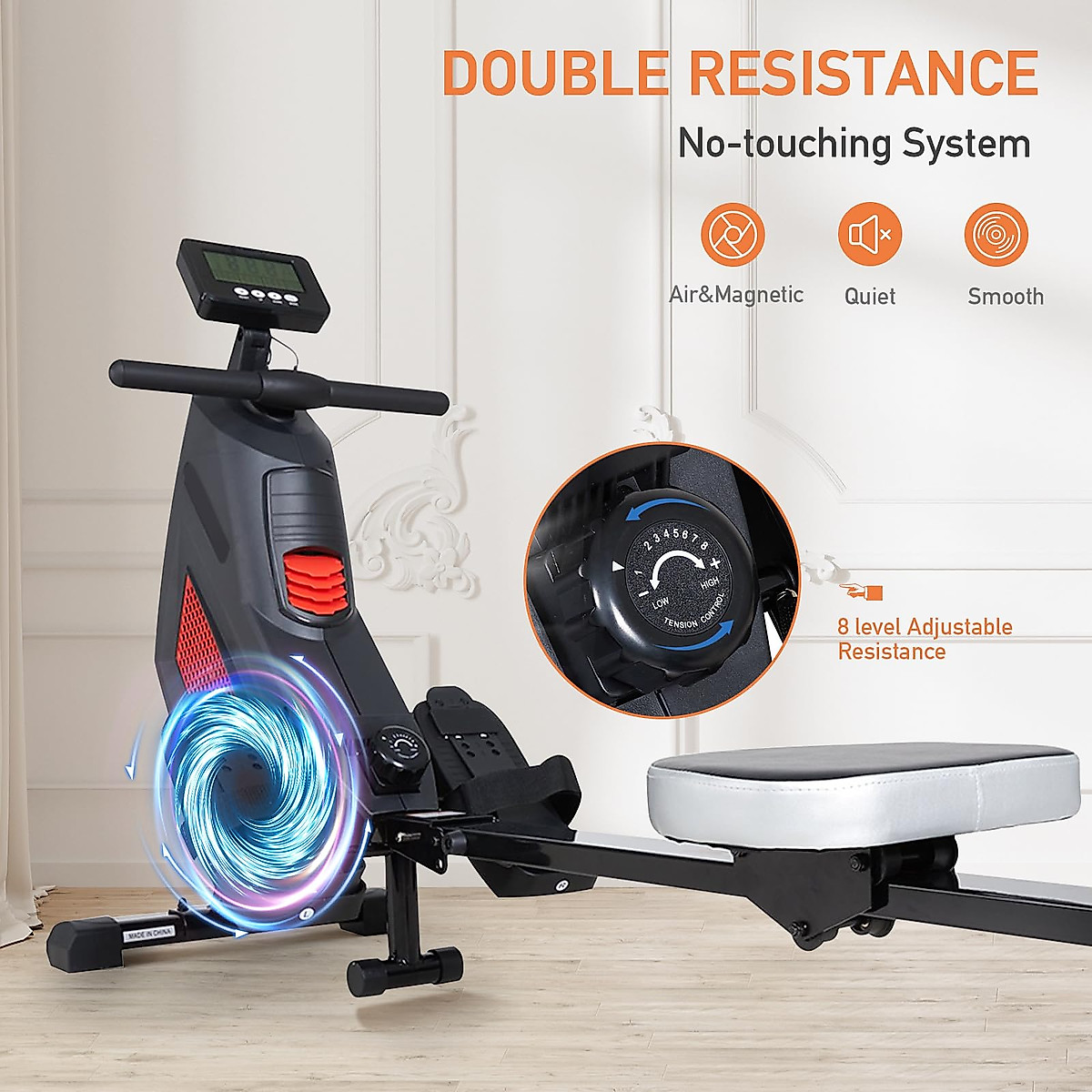 Rowing Machine Folding Magnetic Air Rowing Machines, Indoor Rower Machine for Home Use, 8 Levels Quiet Magnetic & Air Dual Resistance Foldable Rower for Exercise Gyms Training, 250 LBS Max Weight