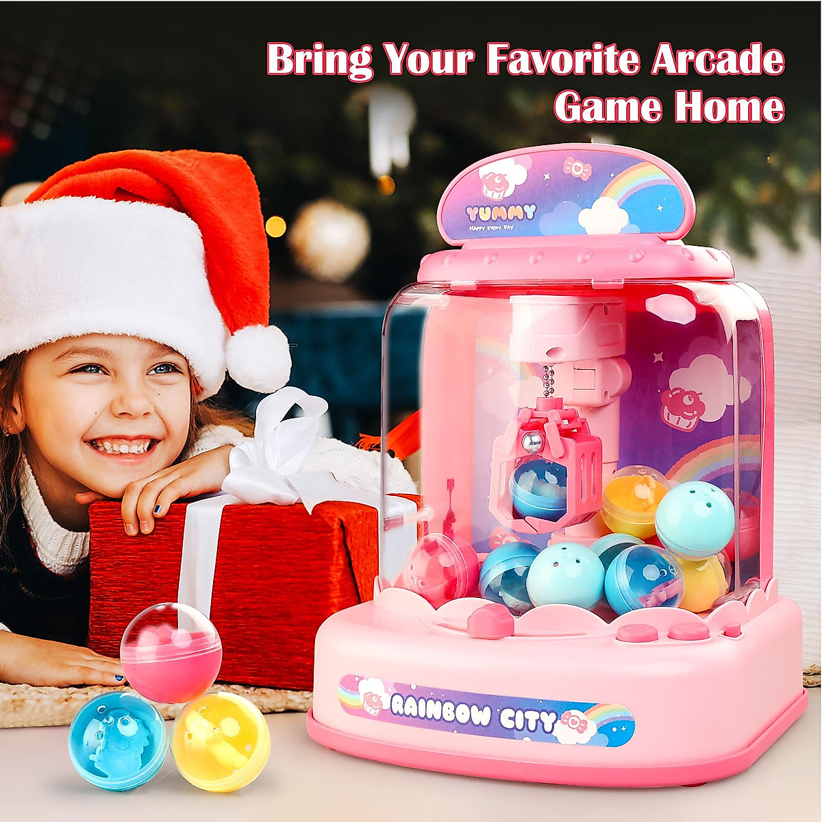 Mini Claw Machine for Kids 4-8|Electronic Arcade Game Indoor Toy with Music & Light|Candy Grabber & Prize Dispenser Vending Machine|Best Birthday Gifts for 3 5 6 7 9 Year Old Girls(10 Gashapons)