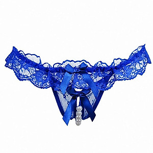 Women Pearl Lace Bowknot Beads Lace Panties Erotic Thong Lingerie Underwear