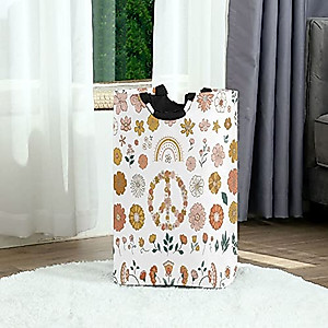 Kigai Laundry Hamper Basket Retro Flowers Peace Sign Collapsible Nursery Storage Bin Waterproof Clothing Baskets for Home Bedroom Bathroom Washing Room