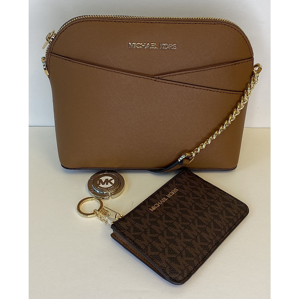 Michael Kors MICHAEL Michael Kors Jet Set Travel MD Dome XCross Crossbody bundled with SM TZ Coinpouch Purse Hook (Luggage/Signature MK Brown)
