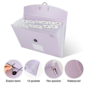 JIMEIQI Accordion File Organizer, 13 Pocket Expanding File Folder Organizer for Letter Size/A4 Documents, Expandable Portable Monthly Bill/Receipt Organizer for Home/Office/School (Makaron Purple)