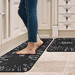OUXIOAZ 2 PCS Kitchen Rugs and Mats Non Skid Washable Black Kitchen Mat Soft Super Absorbent Anti Fatigue Kitchen Mat Runner Set Doormat Bathroom 17"x47"+17"x30"