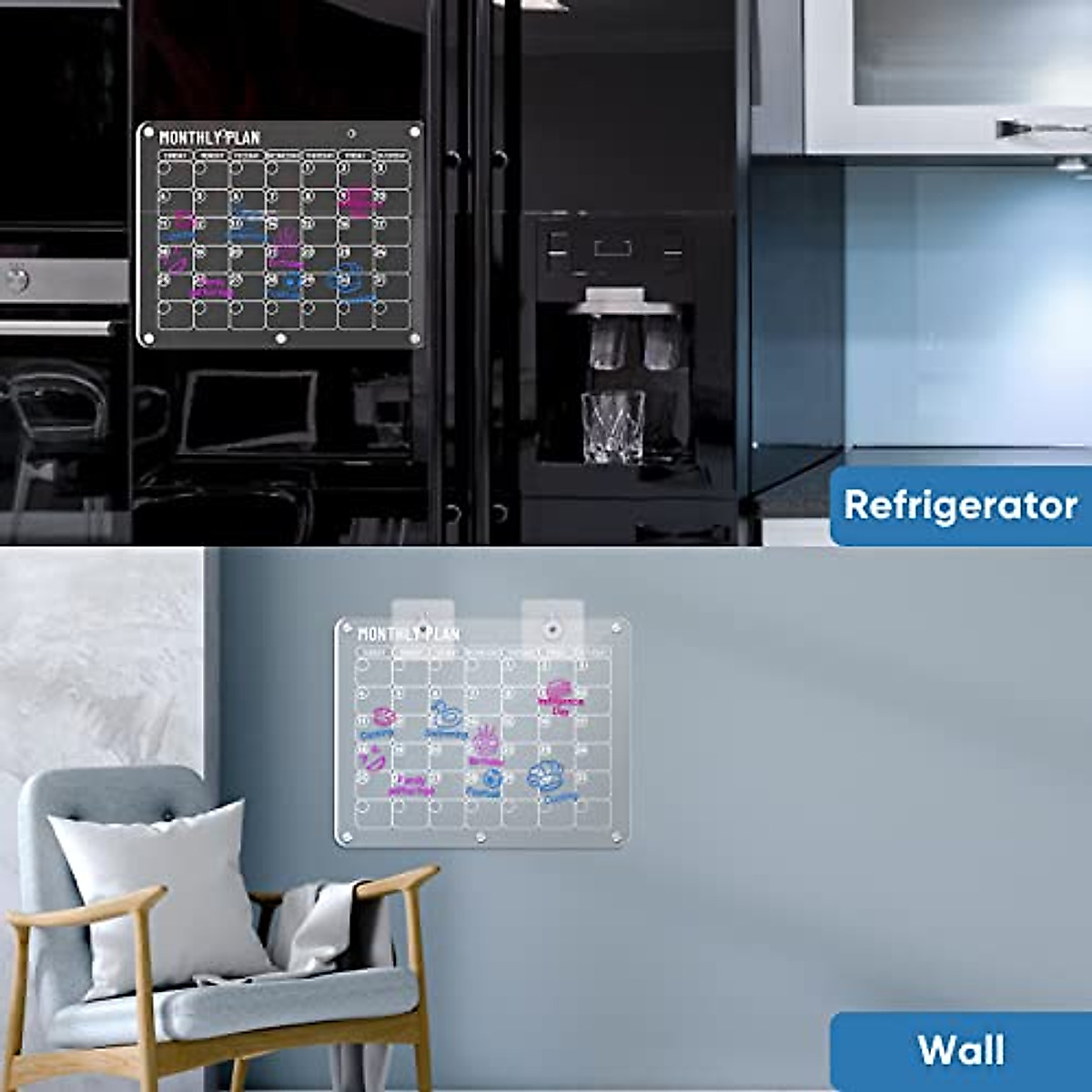 Acrylic Magnetic Dry Erase Board for Fridge 16"X12", Adhesive Monthly Acrylic Calendar Board for Refrigerator/Wall, Clear Acrylic Fridge Calendar White Board with 6 Dry Erase Markers and Eraser