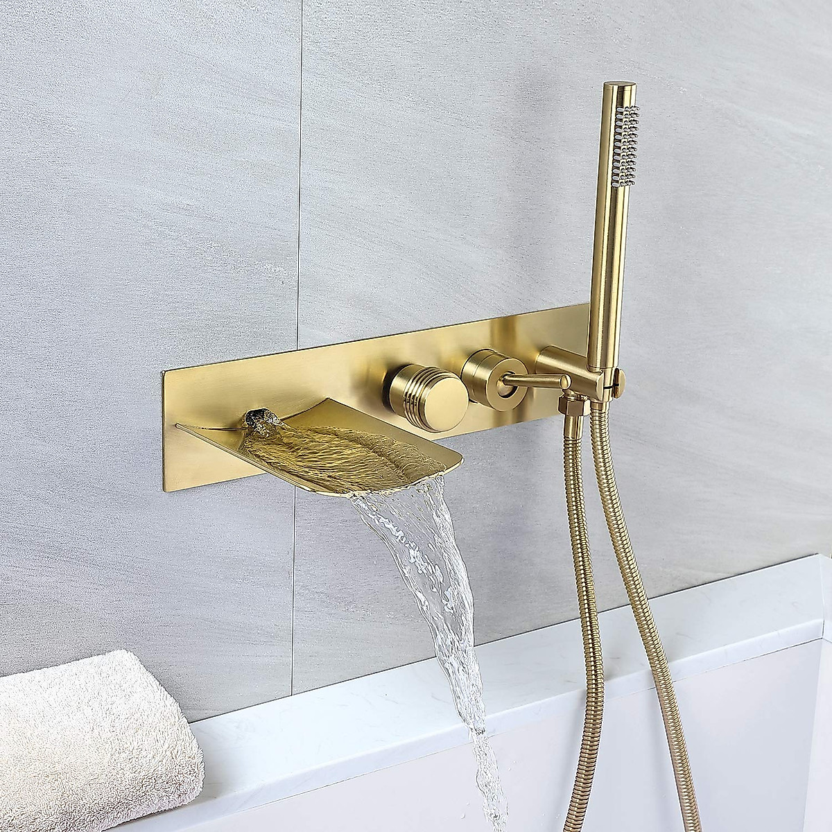 Homelava Waterfall Basin Sink Wall Tap Faucet, Metal Bar Tap Bathtub Shower Tap with Hand Wash Faucet, Rain Faucet Kit Basin Water Control System for Kitchen and Bathroom Gold