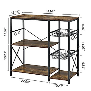 Hoctieon 3 Tier Microwave Oven Shelf, Microwave Storage Kitchen Storage Rack with 4 Hooks, Microwave Stand with 2 Slide-Out Baskets,Kitchen Baker's Rack, Microwave Oven Stand