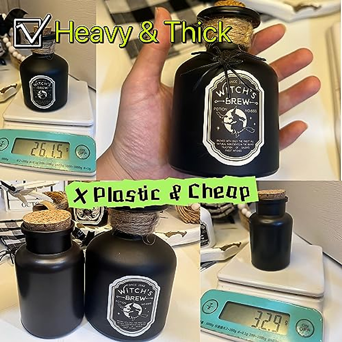 Halloween Decorations Indoor - Halloween Tiered Tray Decor - 3 pcs Glass Potion Bottles with 6pcs Stickers - Black and White Apothecary Bottles - Halloween Decorations for Party Home Table Kitchen