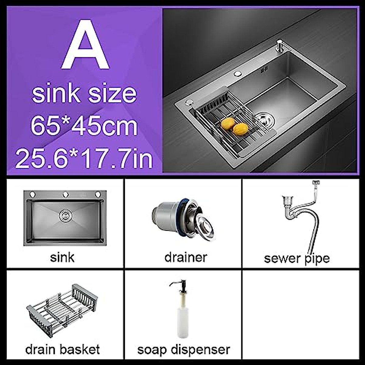 Kitchen Sink, 3 holes Nano Coating Bar Sink, Stainless Steel Workstation, Telescopic Drain Basket (Color : A, Size : 65 * 45cm)