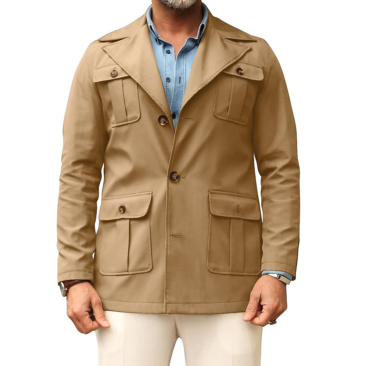 Pretifeel Mens Lightweight Safari Jacket Casual Military Button Up Multi-Pocket Cargo Coat Outwear