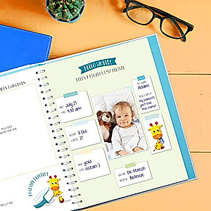 KiddosArt Baby Memory Book. Record Memories and Milestones of The First 5 Years On 72 Beautifully Drawn Pages Starring Lilly The Giraffe Blue. 12 Monthly Stickers Included.