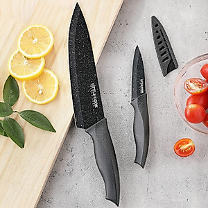 Chef Knife, Little Cook Ultra Sharp Kitchen Knife, German Stainless Steel Chef Knife Set, Includes 8 inch Chef’s Knife, 4 inch Paring Knife and 2 Matched Knife Sheath (Black)
