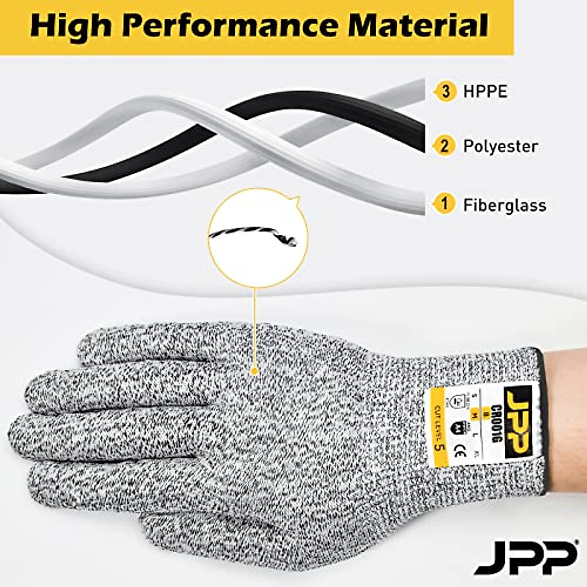 JPP Premium Cut Resistant Gloves, Cutting Proof CE Level 5 Protection, Food Grade Safe, Ambidextrous, 3D-Comfort Fit, Machine Washable, Dexterity, Lightweight, 1 Pair, Size 8, Medium
