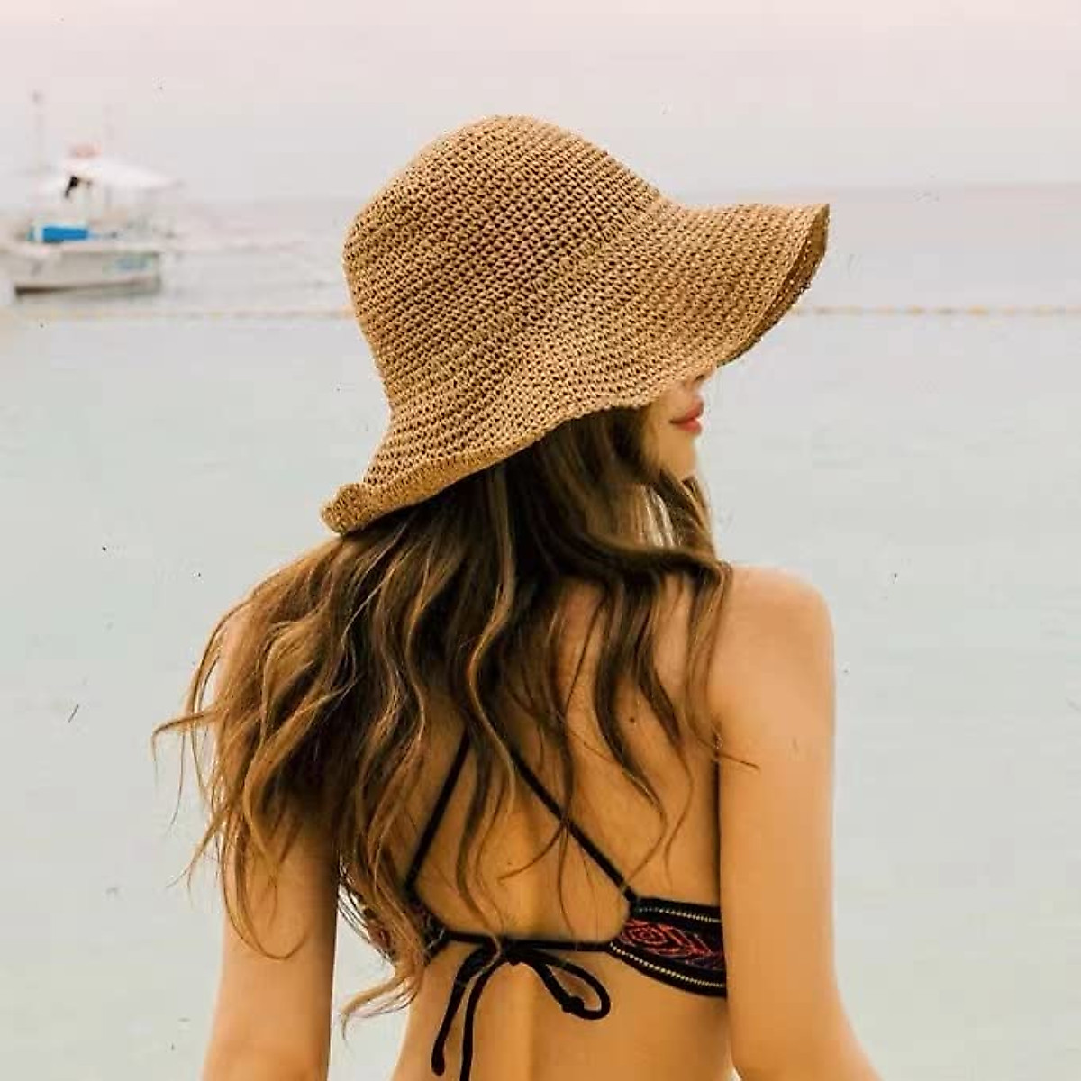 Womens Sun Visor Hats Wide Brim Summer Beach Cap for Women Foldable Vacation Travel Straw Hat Khaki