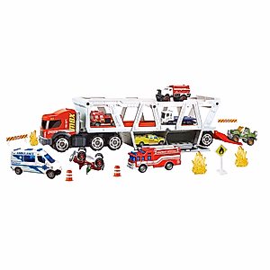 Matchbox Toy Cars, Fire Rescue Hauler Playset with 1:64 Scale Fire Truck & 8 Accessories, Storage for 16 Vehicles