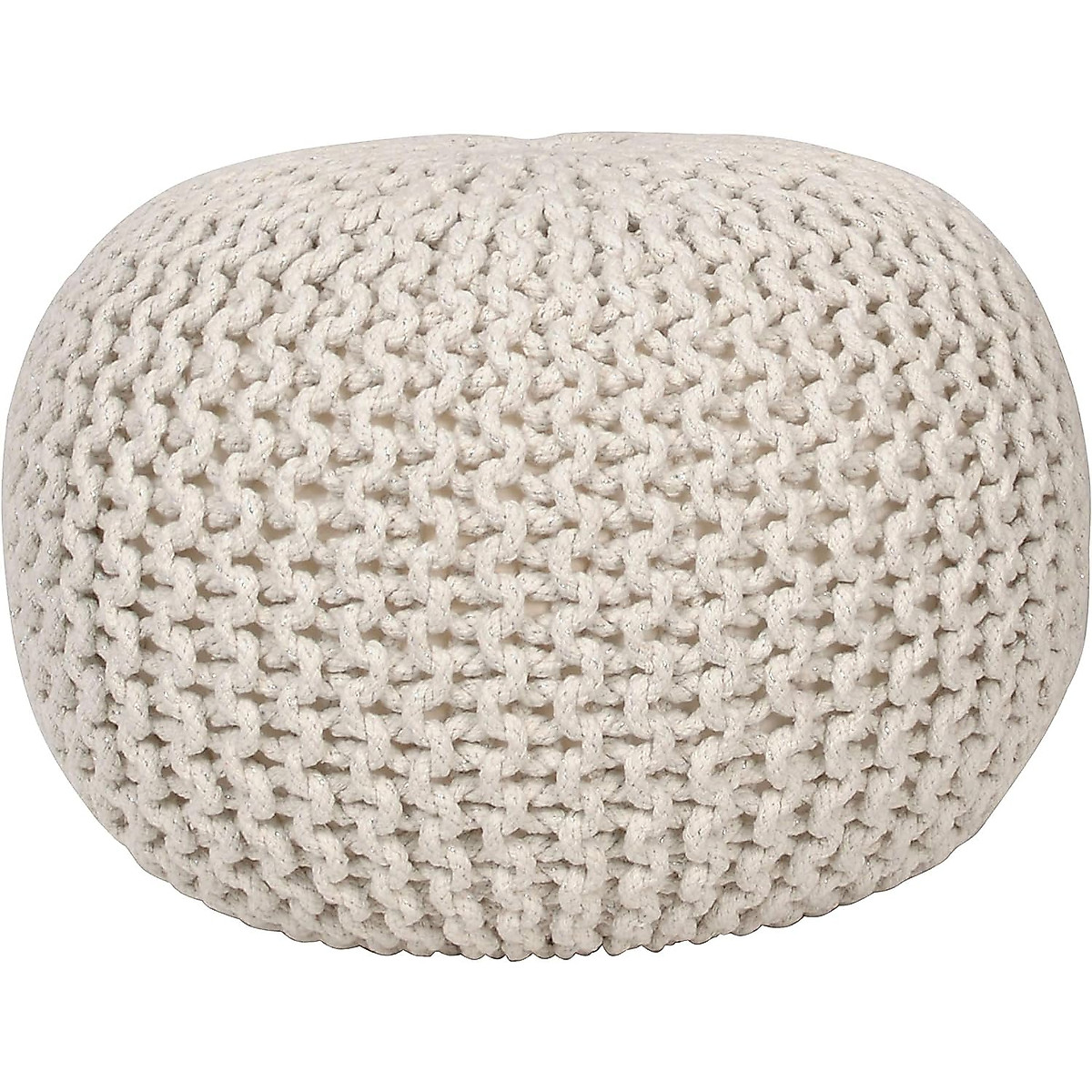 Decor Therapy Lola Round Knit Lurex Yarn and Cotton Pouf, Off-White 20x20x14