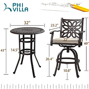 PHI VILLA Patio Furniture Set, Brown 3Pcs Cast Aluminum High Top Table and Swivel Bar Stools with Cushion, Pub Bistro Set for Outdoor