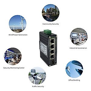 Star Route Mini Industrial 4 Port 10/100/1000Mbps Gigabit Ethernet POE + Switch with SFP Din Rail/Wall-Mount 10/100/1000BASE-T RJ45 1 100/1000FX (SFP) Support 12-48V DC, 3.74x2.76x1.15in