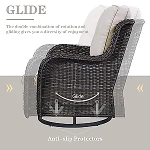 Outdoor Furniture Sectional Sofa L Shaped Couch - Patio Wicker Set with 2 Swivel Glider Chairs, 5 Piece Rattan Patio Conversation Sets with Beige Cushion for Deck Backyard Sunroom