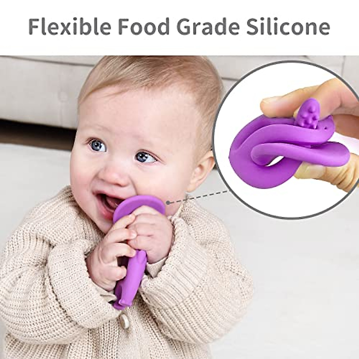 Mombella Baby Teething Toys for Babies 3 6 12 Months with Attachment to Clip on, Soft Silicone Teether Toys, 2 in 1 Elephant Teethers & Pre-Training Toothbrush, 9 Month Old Infant Chew Toys, Purple