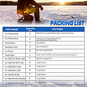 QualyQualy Ice Fishing Rod Reel Combo Complete Set Ice Fishing Gear with Backpack Seat Ice Cleats Ice Fishing Jigs Line Full Ice Fishing Kit