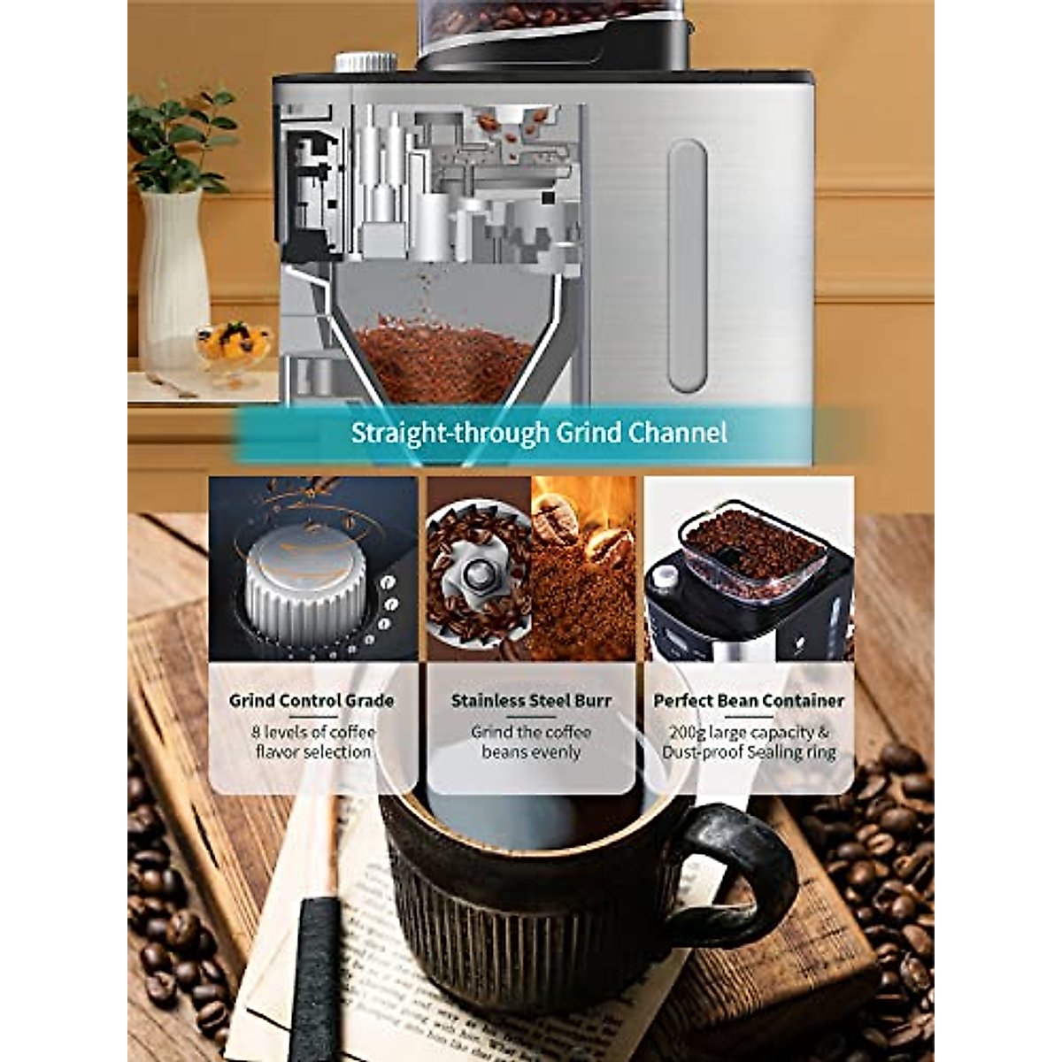 10-Cup Drip Coffee Maker, Grind and Brew Automatic Coffee Machine with Built-In Burr Coffee Grinder, Programmable Timer Mode and Keep Warm Plate, 1.5L Large Capacity Water Tank,900W, Black